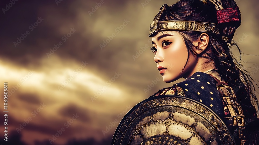 Portrait of a Female Warrior in Traditional Armor Standing Proudly in a ...