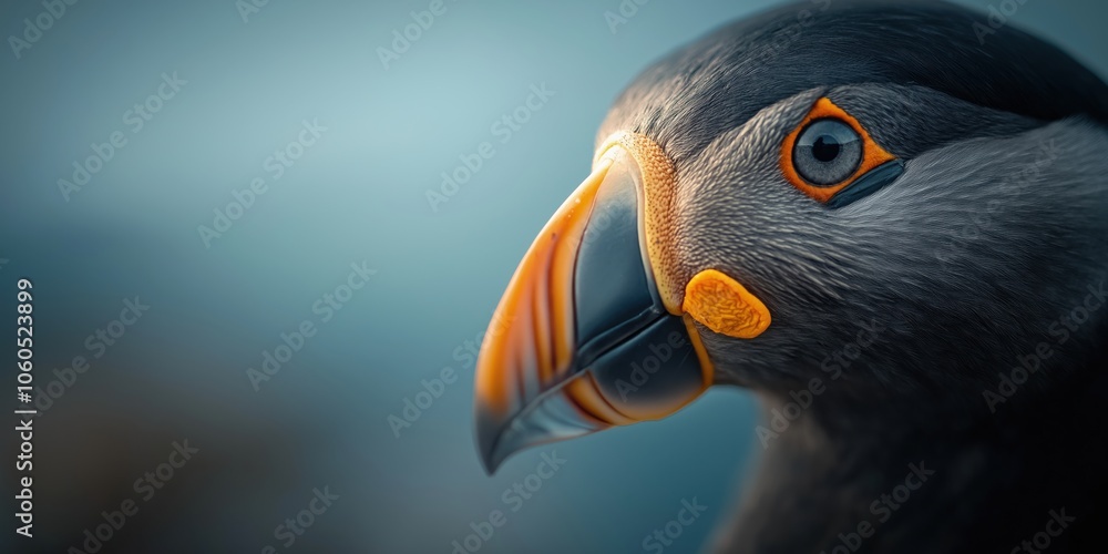 An extreme close-up of a puffins face, showcasing the textures of its ...
