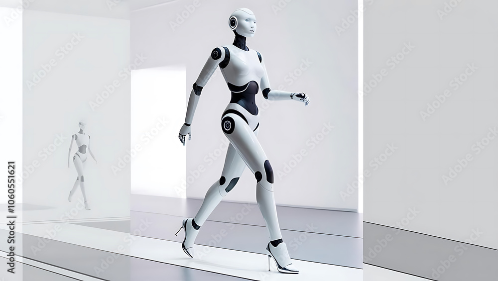 Humanoid robot walking gracefully on fashion runway, showcasing ...
