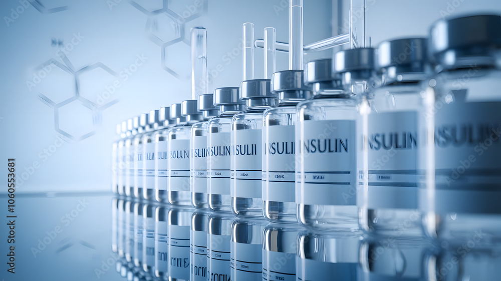 "Close-up of insulin vials in a sterile lab with bright white and blue ...