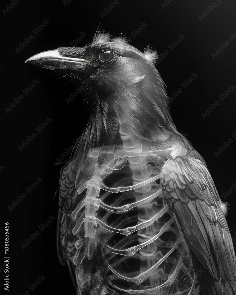 striking portrait of crow, showcasing its intricate skeletal structure ...