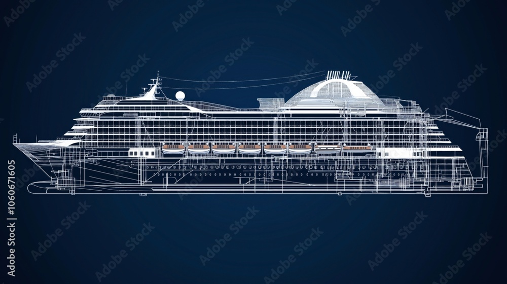 Technical blueprint illustration of a large cruise ship with detailed ...