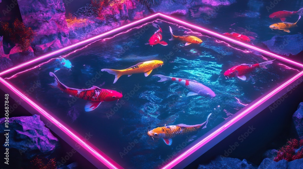Futuristic koi pond with sleek glass edges, brightly colored koi fish ...