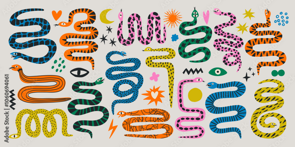 Set of colorful hand draw Snakes. Chinese New Year 2025. Trendy style ...