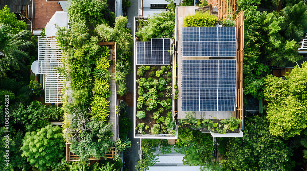 Aerial view of green smart city with rooftop gardens and solar panels ...