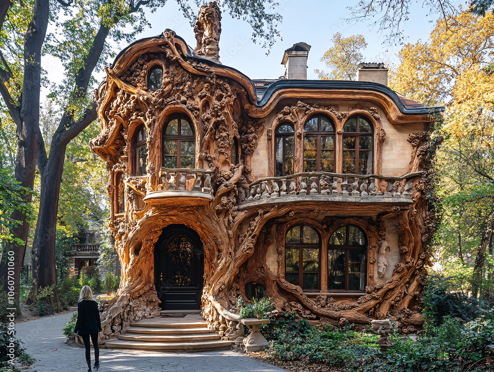 whimsical, tree-like house made of stacked stone and wood, with ...