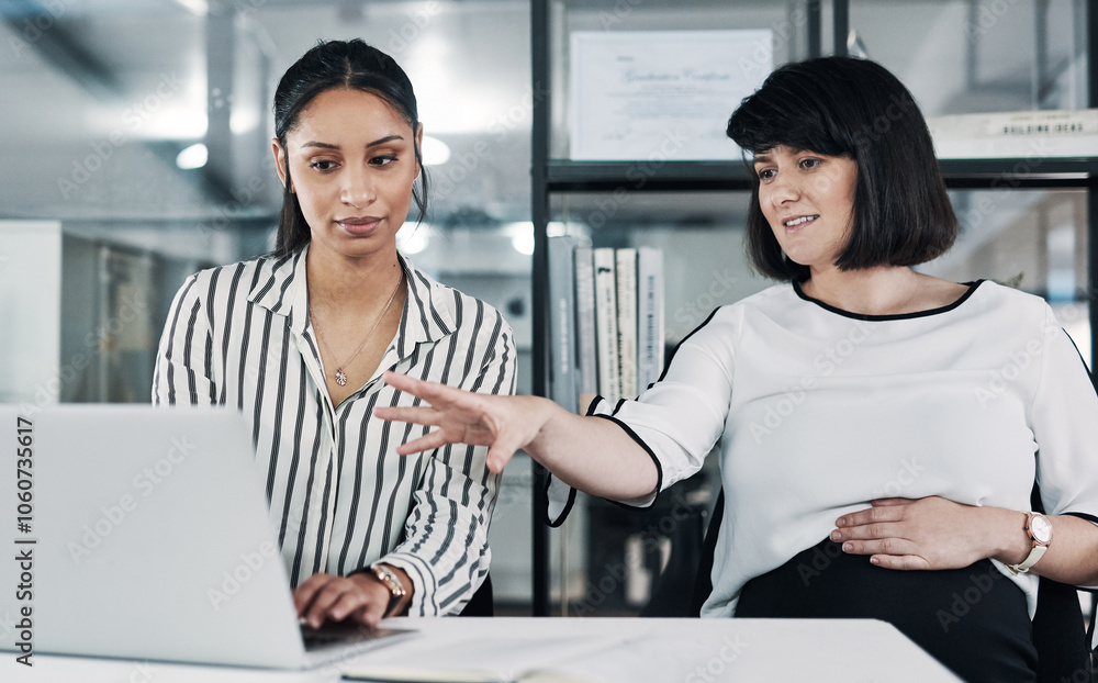 Business women, laptop and conversation with pregnant manager, review ...