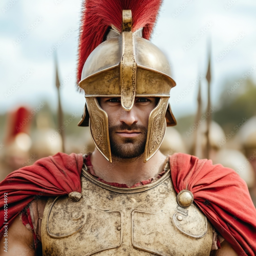 A Roman soldier in full armor, looking intensely at the camera, with ...