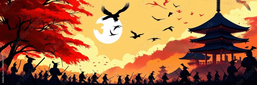 Japanese pagoda silhouette, red sunset sky, flying birds, forest ...