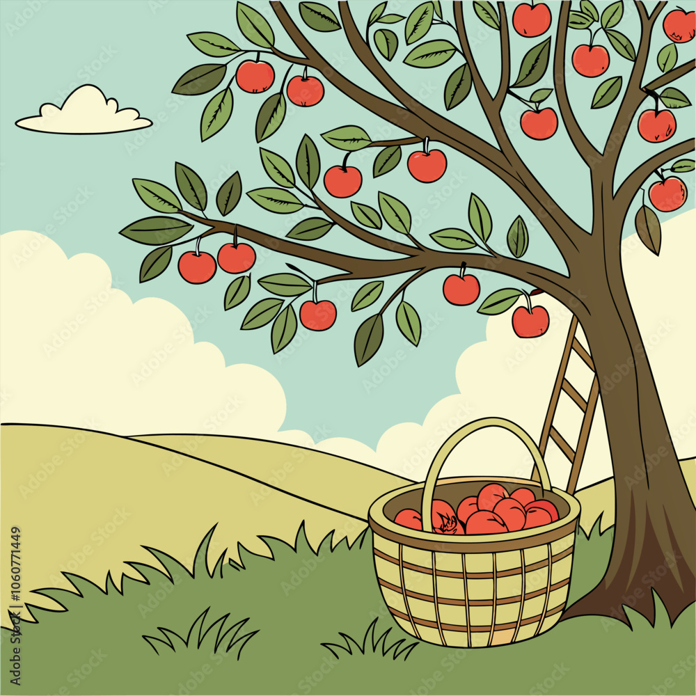 A charming illustration of a basket full of ripe apples beneath a lush ...