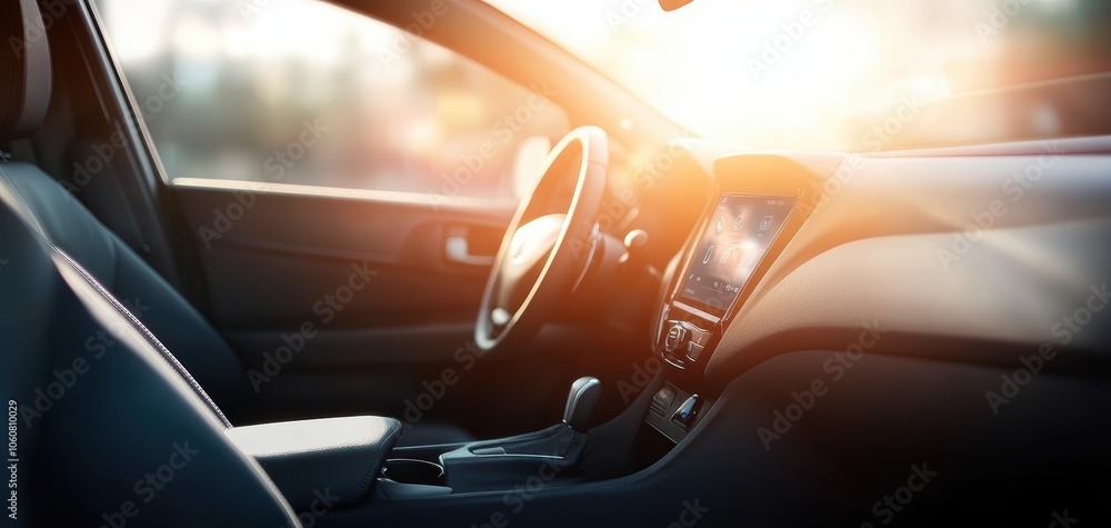 Modern car interior with soft sunlight streaming through windows ...