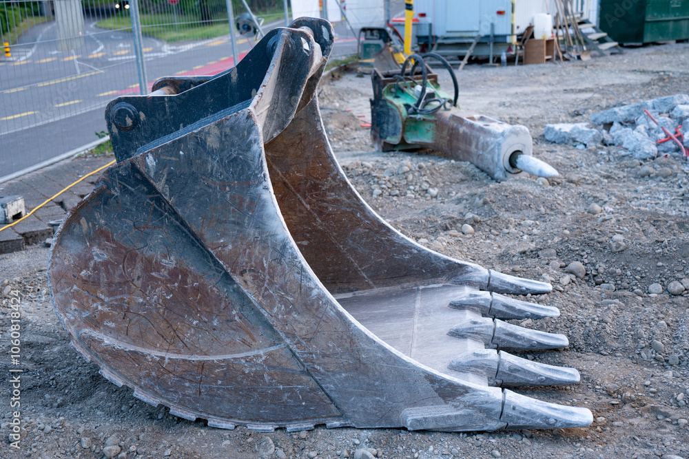 Big excavator bucket on the ground of a construction site. Use marks ...