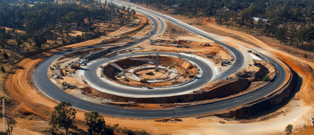 Aerial view of highway intersection featuring roundabout under ...
