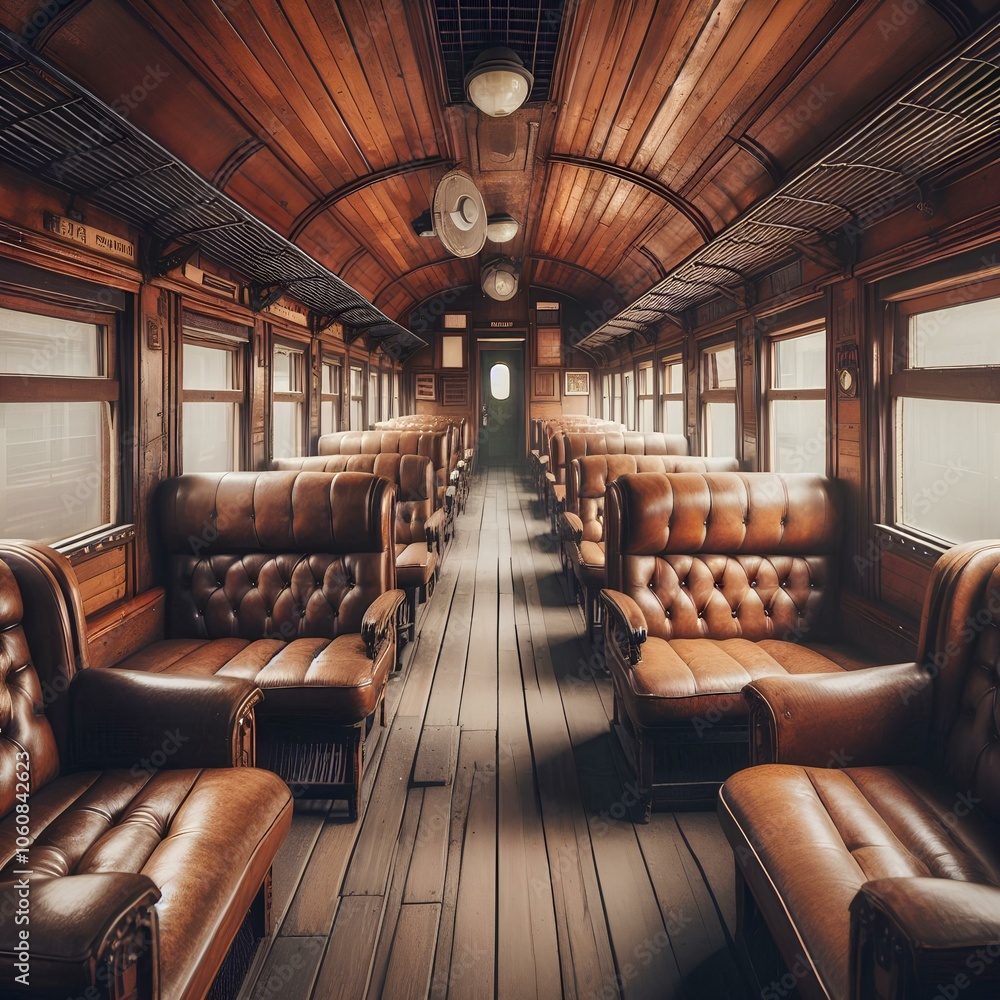 Old train interior, vintage railway carriage, retro wooden seats, empty ...