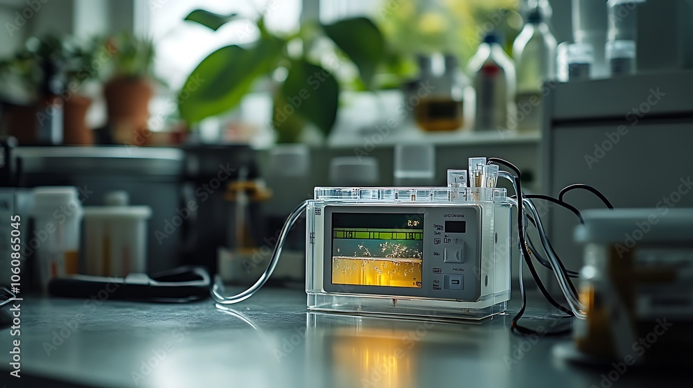 Laboratory setup showing a digital pH meter with a vibrant display ...