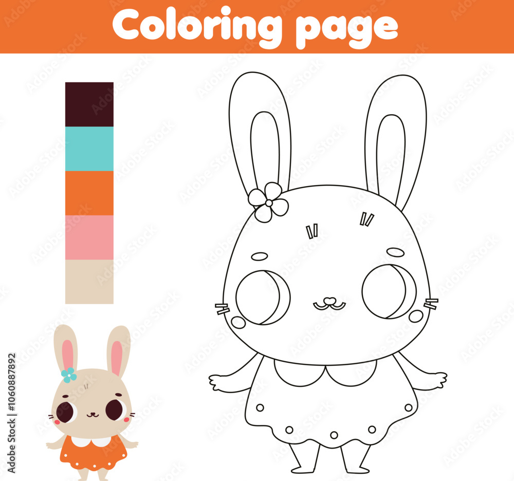 Coloring page with cartoon cute rabbit. Animals theme Drawing kids ...