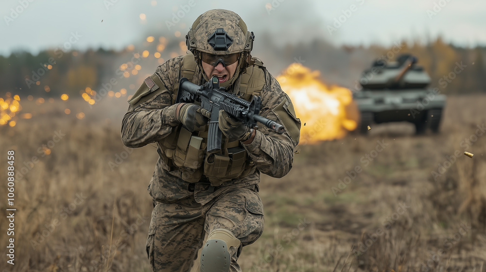 A soldier in full combat gear aggressively charging forward with a ...