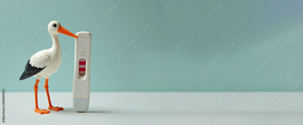 Stork figurine near positive pregnancy test, pastel background, copy ...
