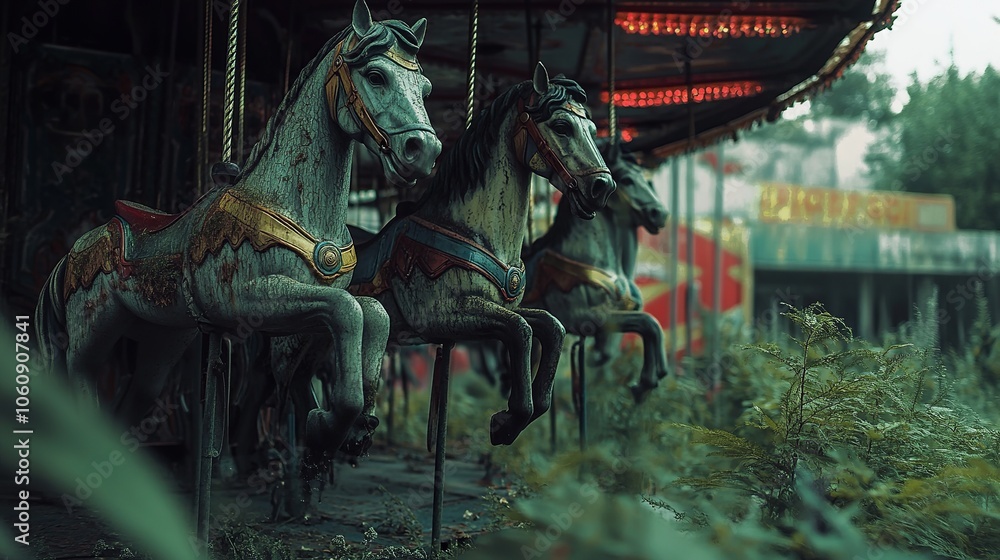 Weathered carousel horses stand frozen in time, overgrown with foliage ...