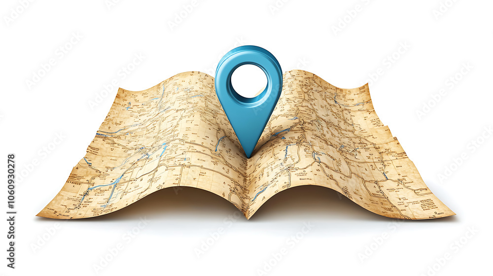 3D Location Folded Paper Map, Search Bar and Pin Isolated, Blue GPS ...