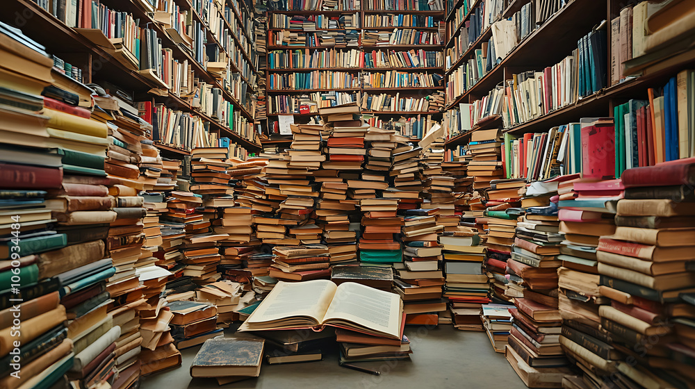 Book in library with old open textbook, stack piles of literature text ...