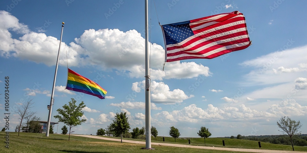 Bandera LGBT ondeando junto a la bandera de Estados Unidos en un mástil ...