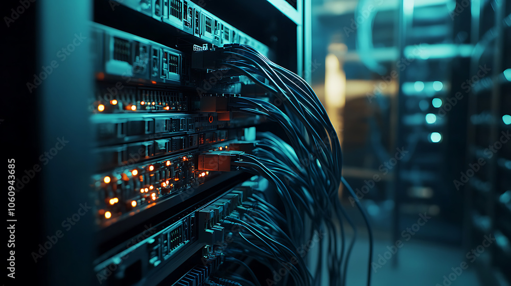 Network switch and ethernet cable in rack cabinet, Network connection technology and has a ...