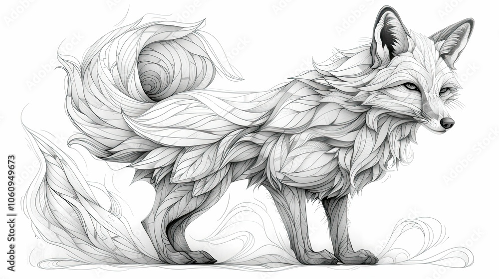 Detailed illustration of a fox with artistic swirls and delicate linework, bleeding nature and ...