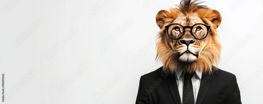 Lion as businessman in glasses isolated on grey studio background ...