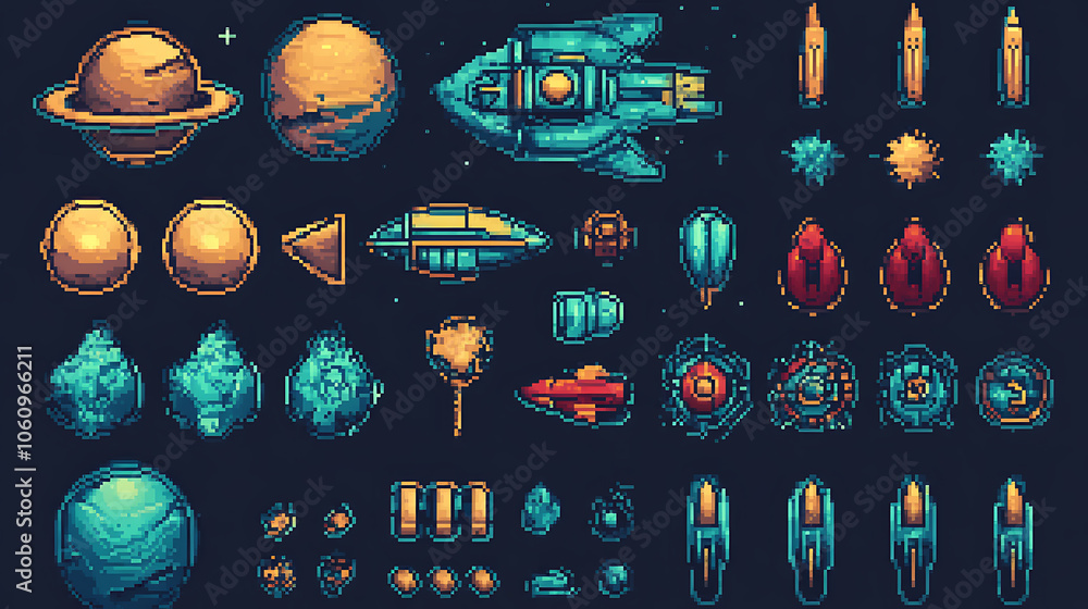 An 8bit pixel art game asset collection, featuring space planets, rockets, and starcraft ...