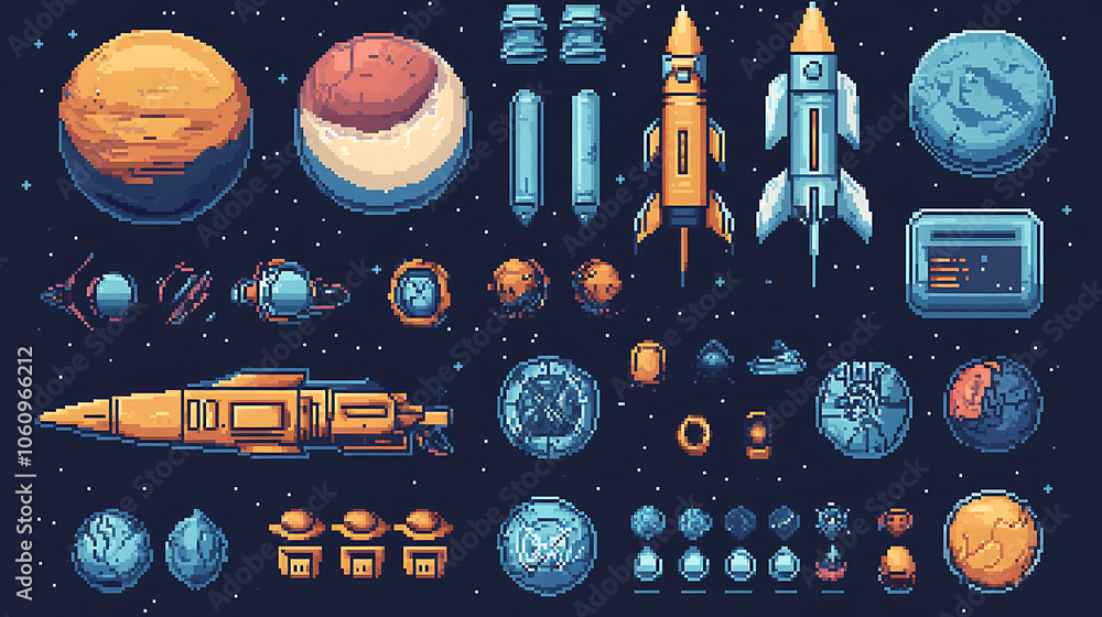 An 8bit pixel art game asset collection, featuring space planets, rockets, and starcraft ...