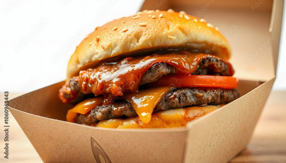 Close-up of a greasy fast food burger in a throwaway box, highlighting ...