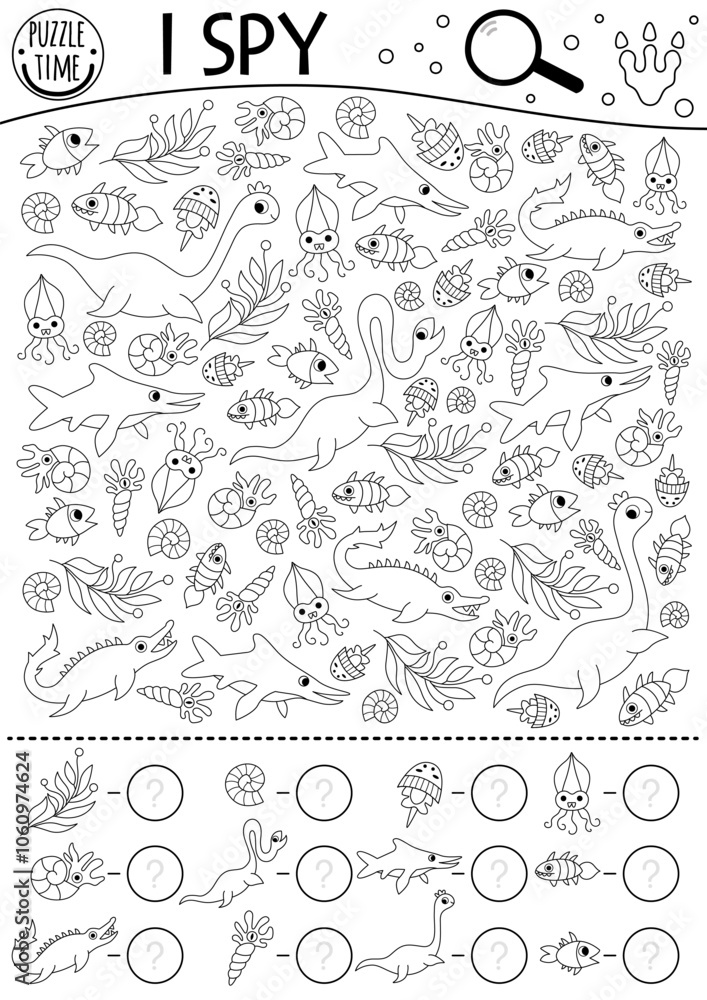 Dinosaur black and white I spy game for kids. Searching and counting ...