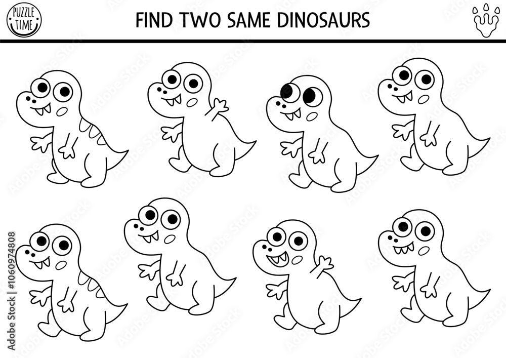 Find two same baby dinosaurs. Prehistoric black and white matching ...
