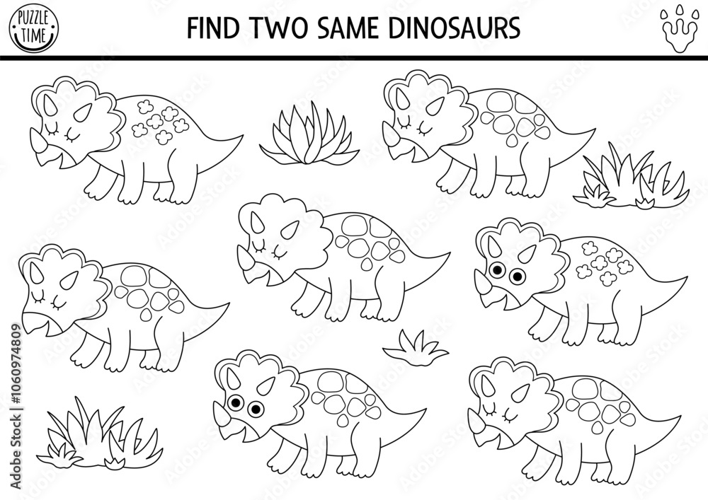 Find two same dinosaurs. Prehistoric black and white matching activity ...