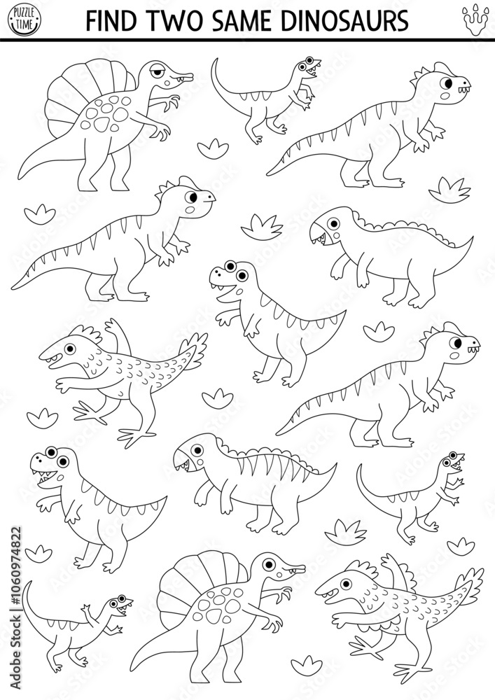 Find two same dinosaurs. Prehistoric black and white matching activity ...