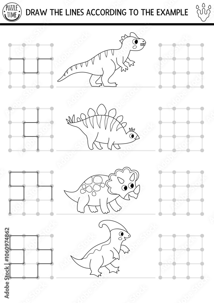 Dinosaur black and white drawing, writing, tracing, space orientation ...