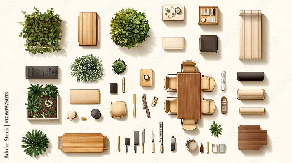 Office Furniture Top View Vector Elements Set, Kit for a workspace ...