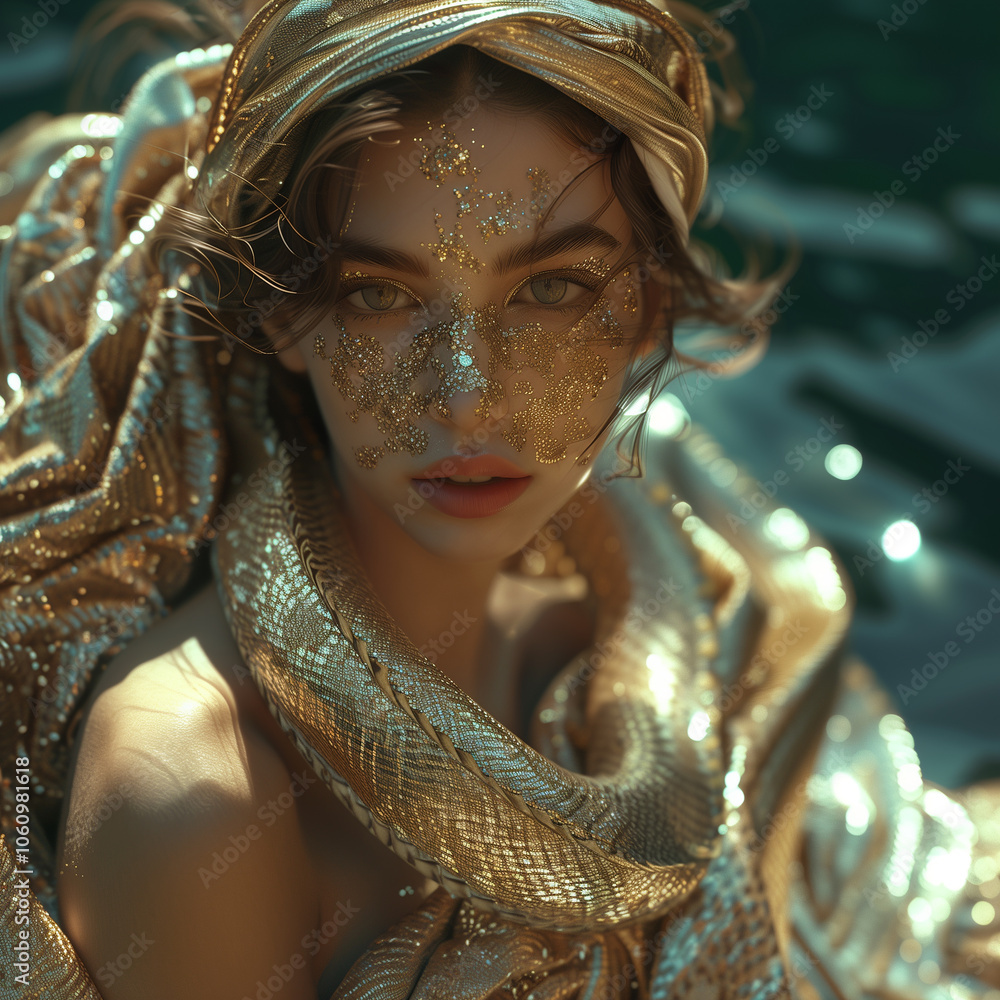 Portrait of a sexy beautiful woman with a gold snake and gold makeup on ...