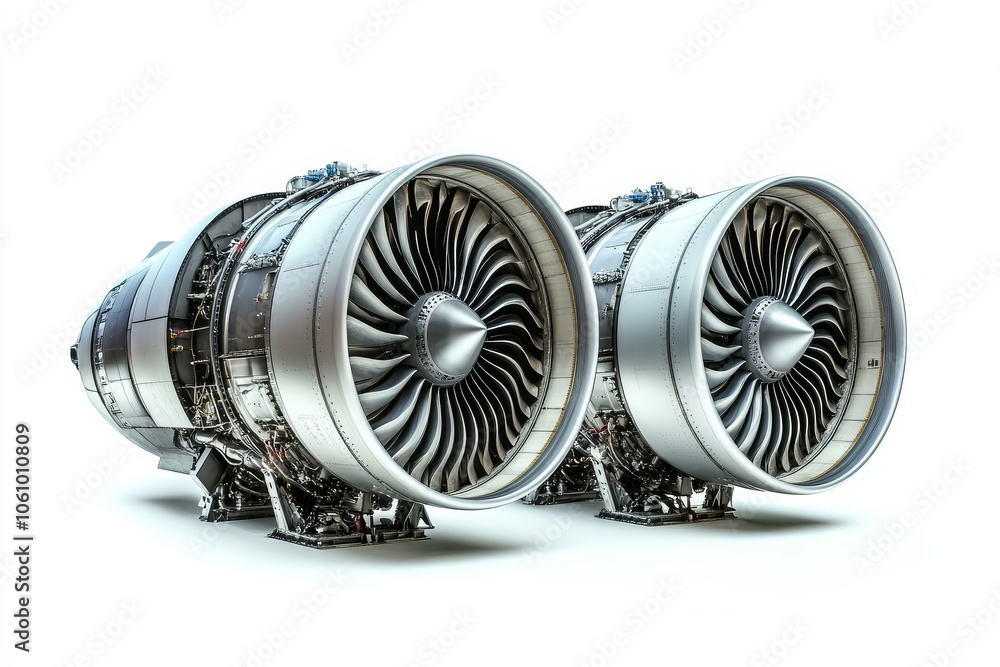 A pair of gleaming jet engines, ready for action, symbolize power ...