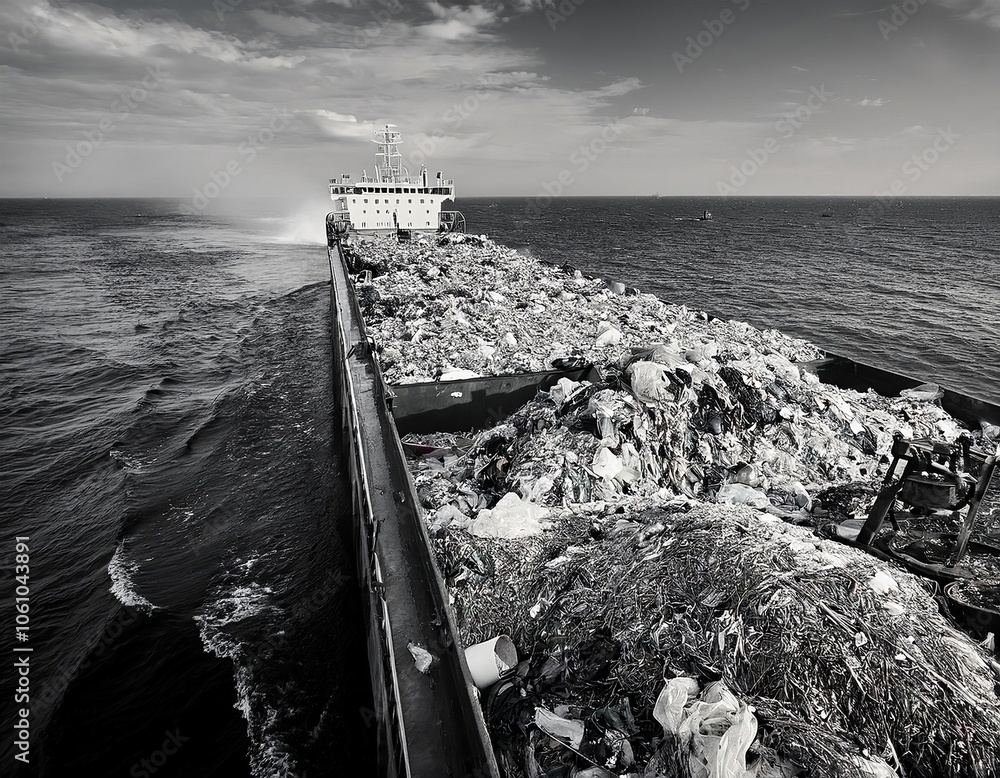 Ship transporting waste overflowing with garbage in the ocean on a ...