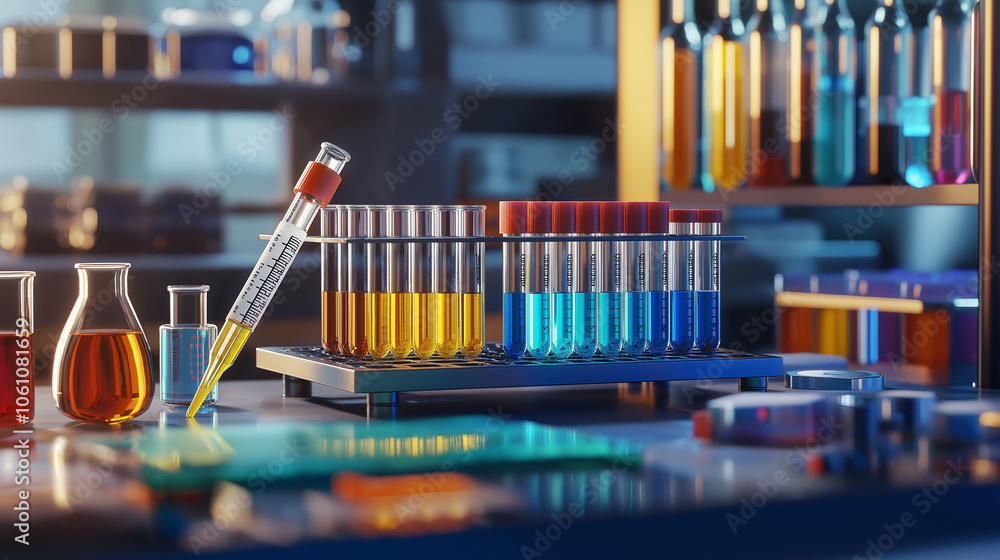 Organized Laboratory Table with Test Tubes, Pipette, and Colorful ...
