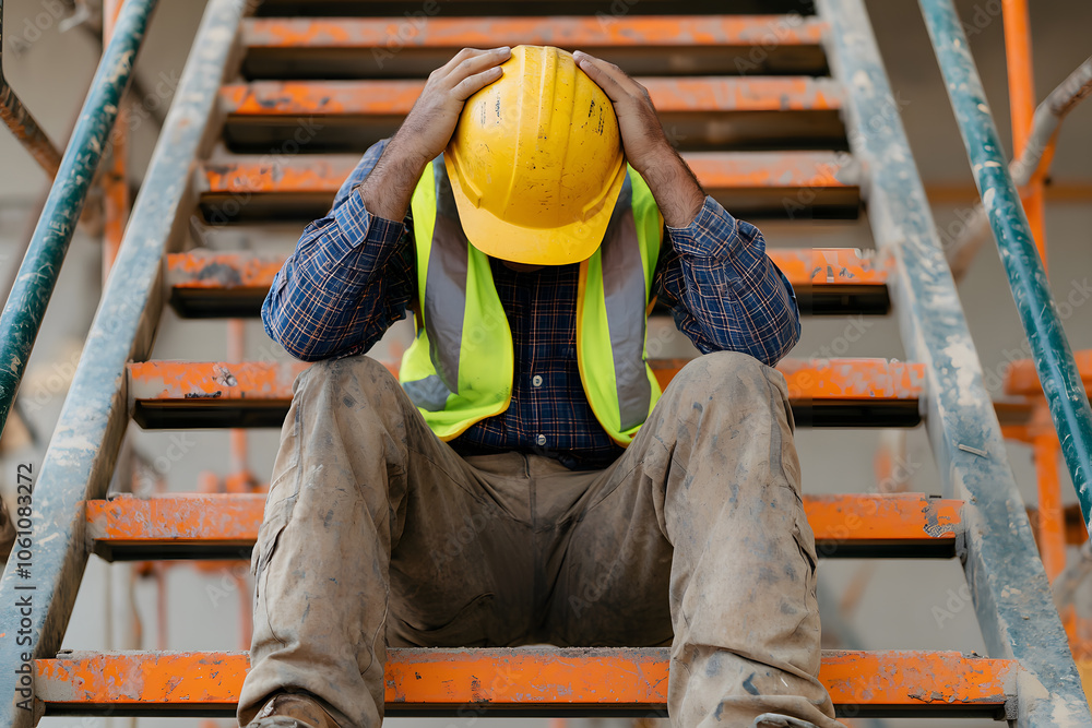 Sad Construction Worker Sitting on Metal Stairs at Work Holding Head | Stress, Fatigue, Mental ...