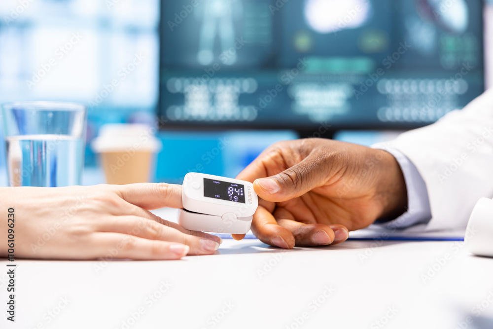 African american medic measuring the oxygen levels and saturation for a ...