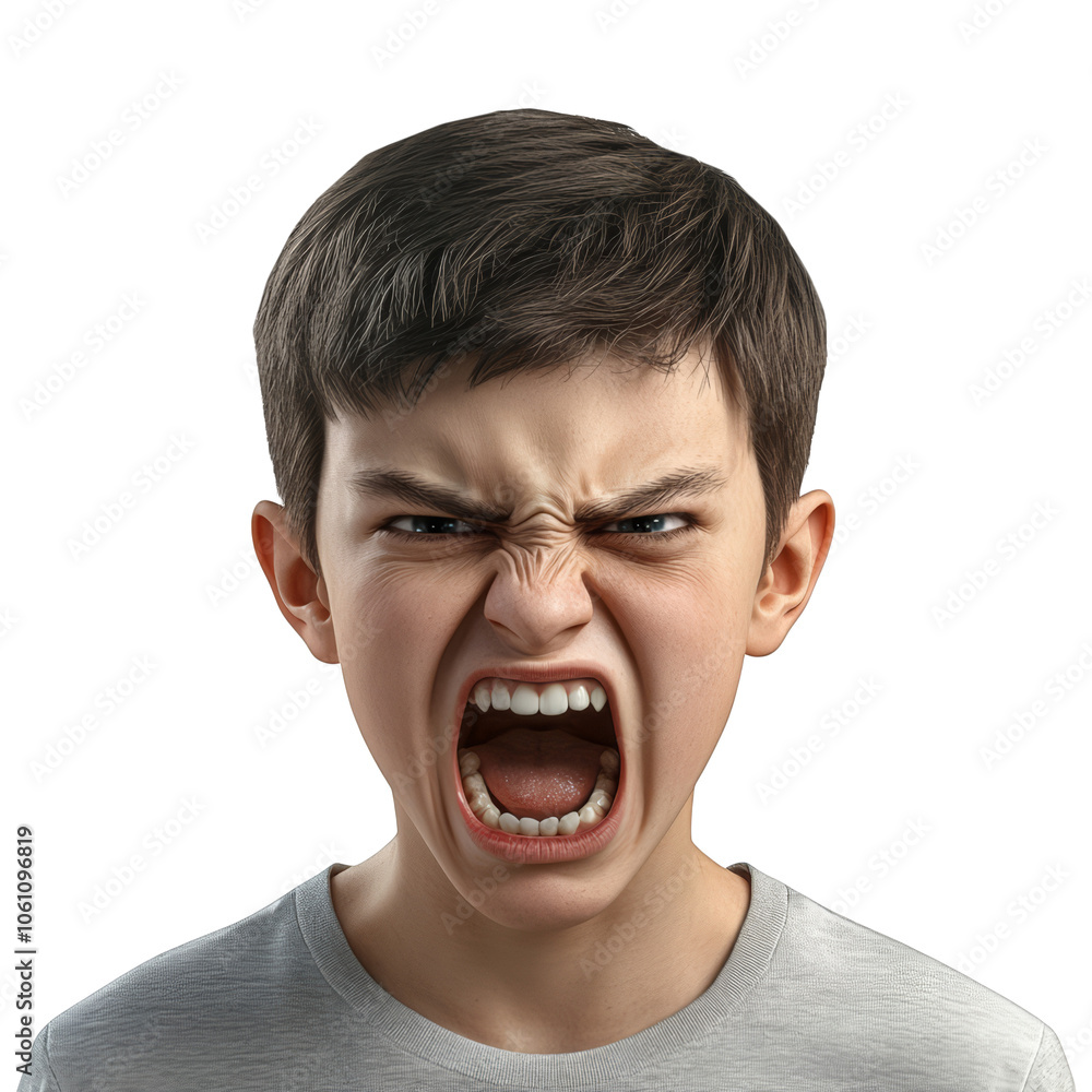 Angry boy shouting loud with mouth wide open isolated on Transparency ...