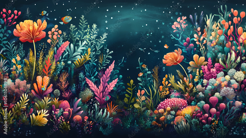 Diverse plants and flowers fill the underwater scene in a rich and ...