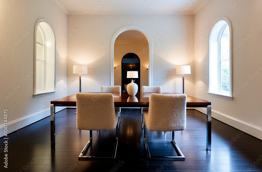 Boucle chairs at dining table in room with stucco walls and arch ...
