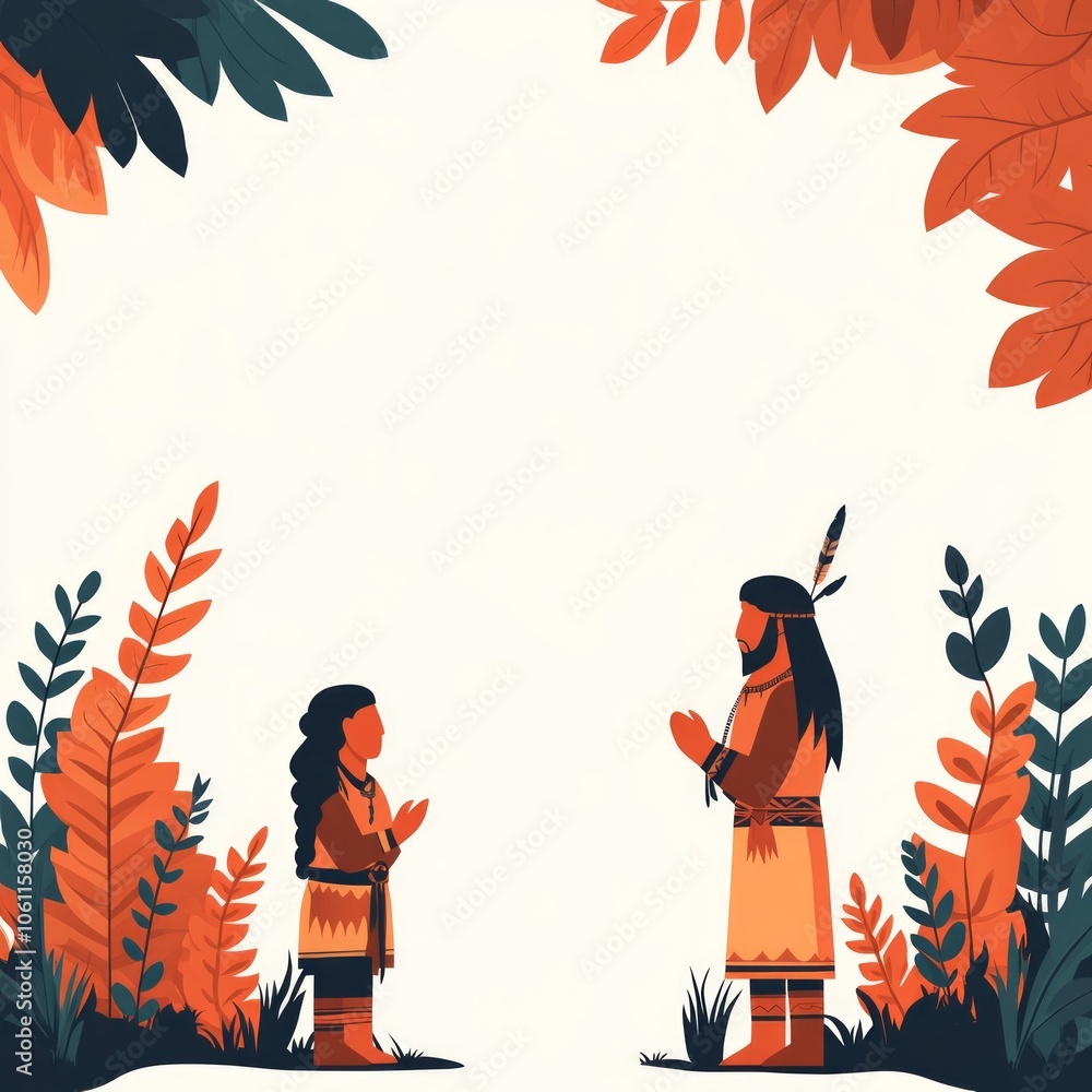 Two Native American figures in traditional clothing stand facing each ...