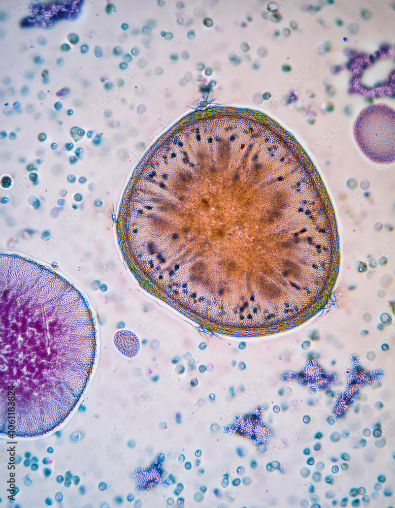 Microscopic view of a biological sample with various cells and ...