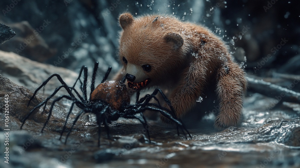 A small, brown teddy bear stands over a large, black spider, its mouth ...